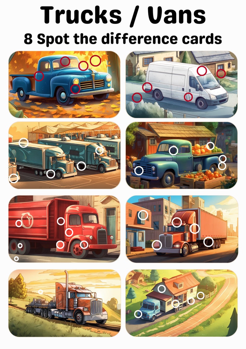 Spot the Difference - Set of 8 Trucks & Vans Themed With Answer Sheet ...