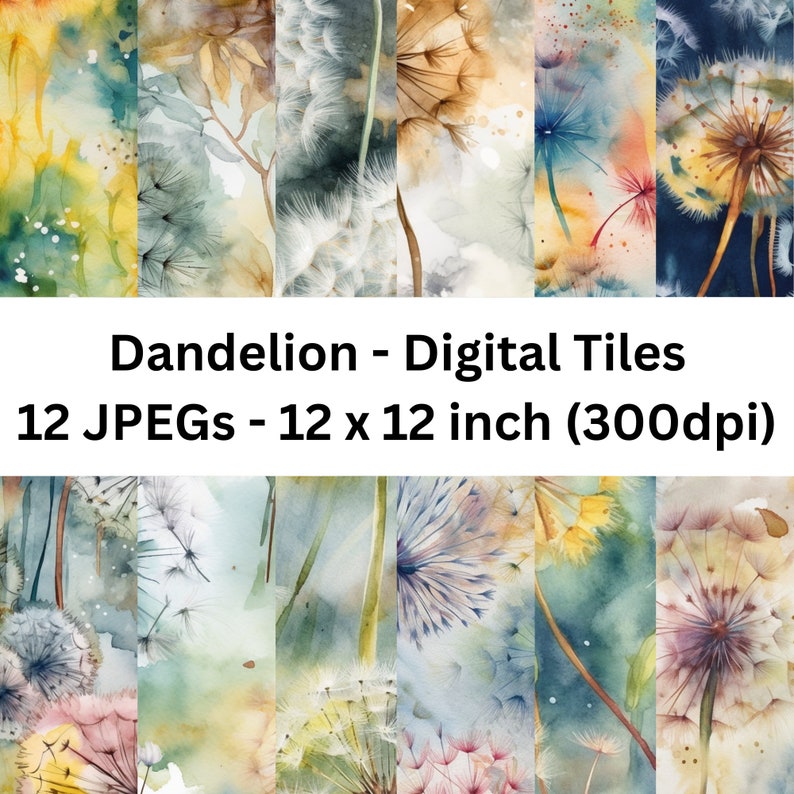 12 Watercolour Dandelion Seamless Digital Tile Dandelion Scene ...