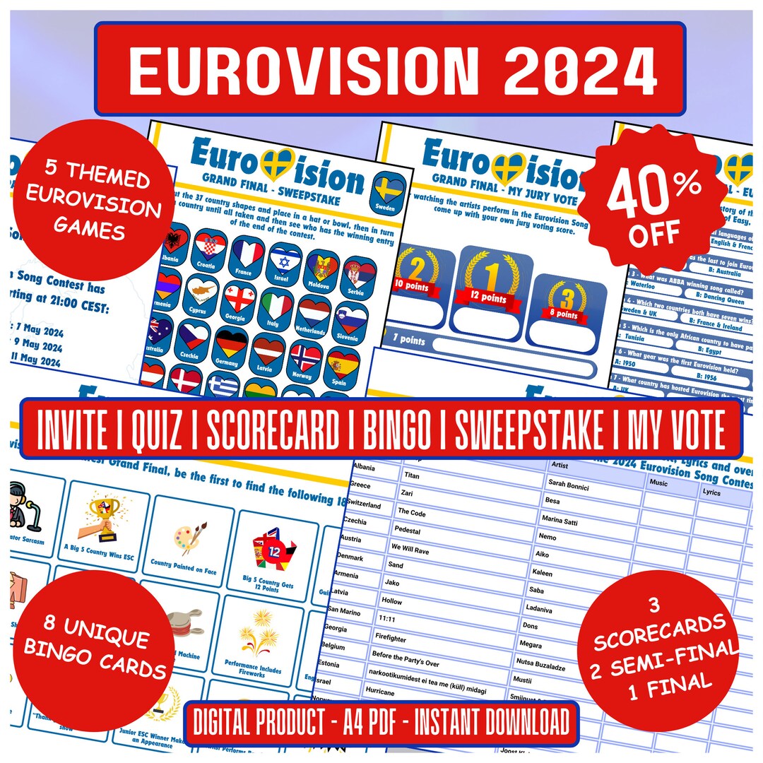 Eurovision 2024 Party Pack Invite Games Sweepstake Quiz Bingo and ...