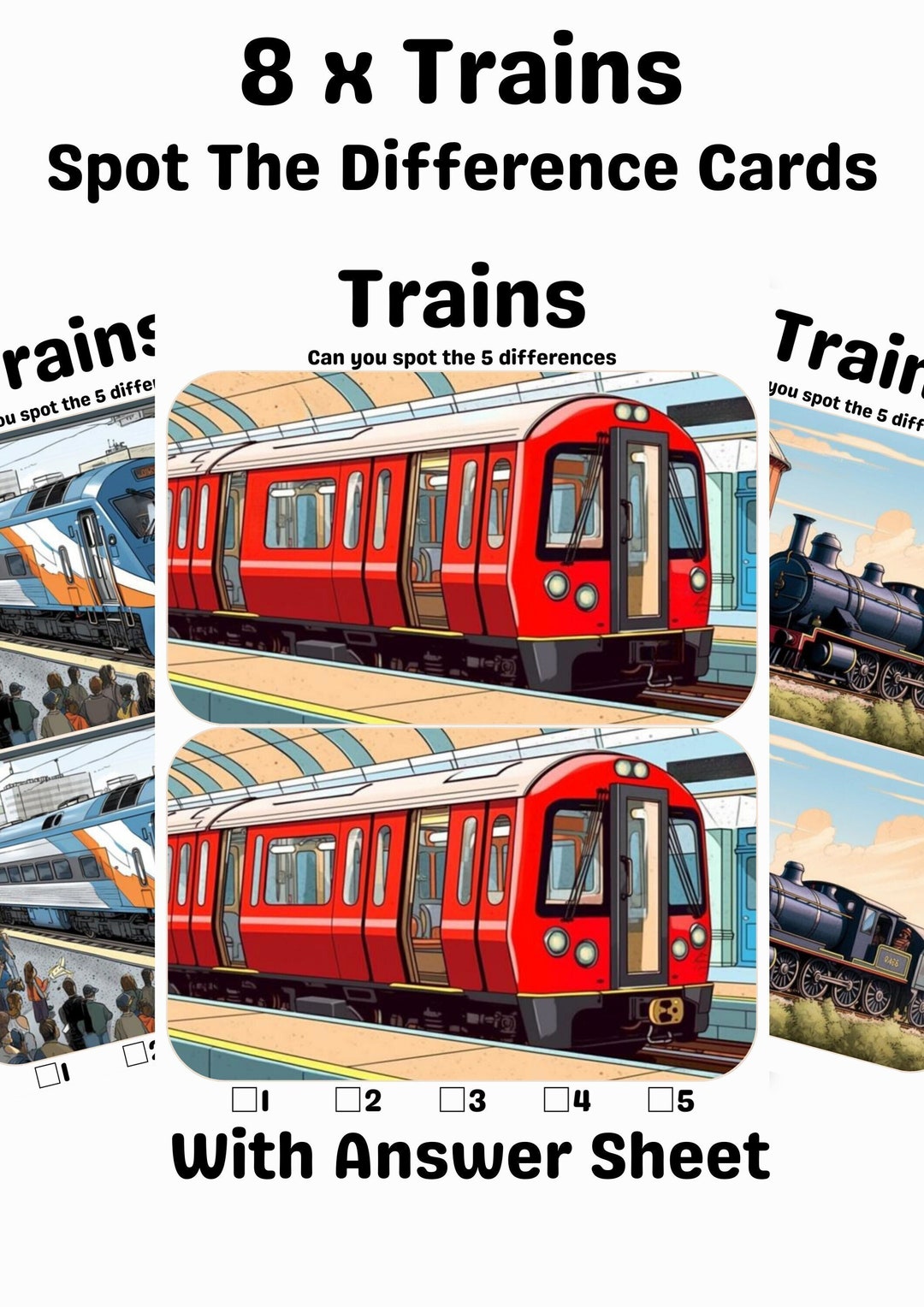 Spot the Difference - Set of 8 Trains Themed With Answer Sheet - Digital Download - Printable ...