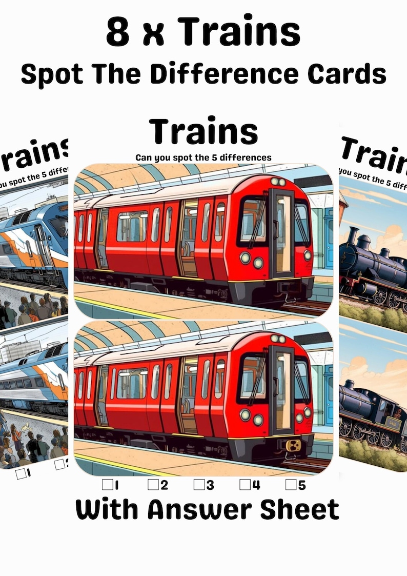 Spot the Difference - Set of 8 Trains Themed With Answer Sheet ...