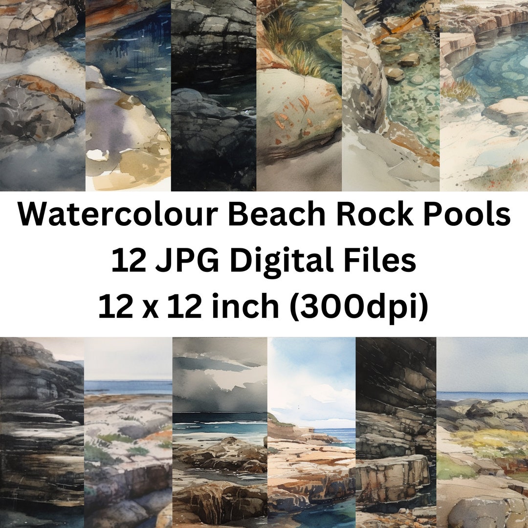 12 Watercolour Beach Rockpool Digital Pattern Beach Rock Pool ...