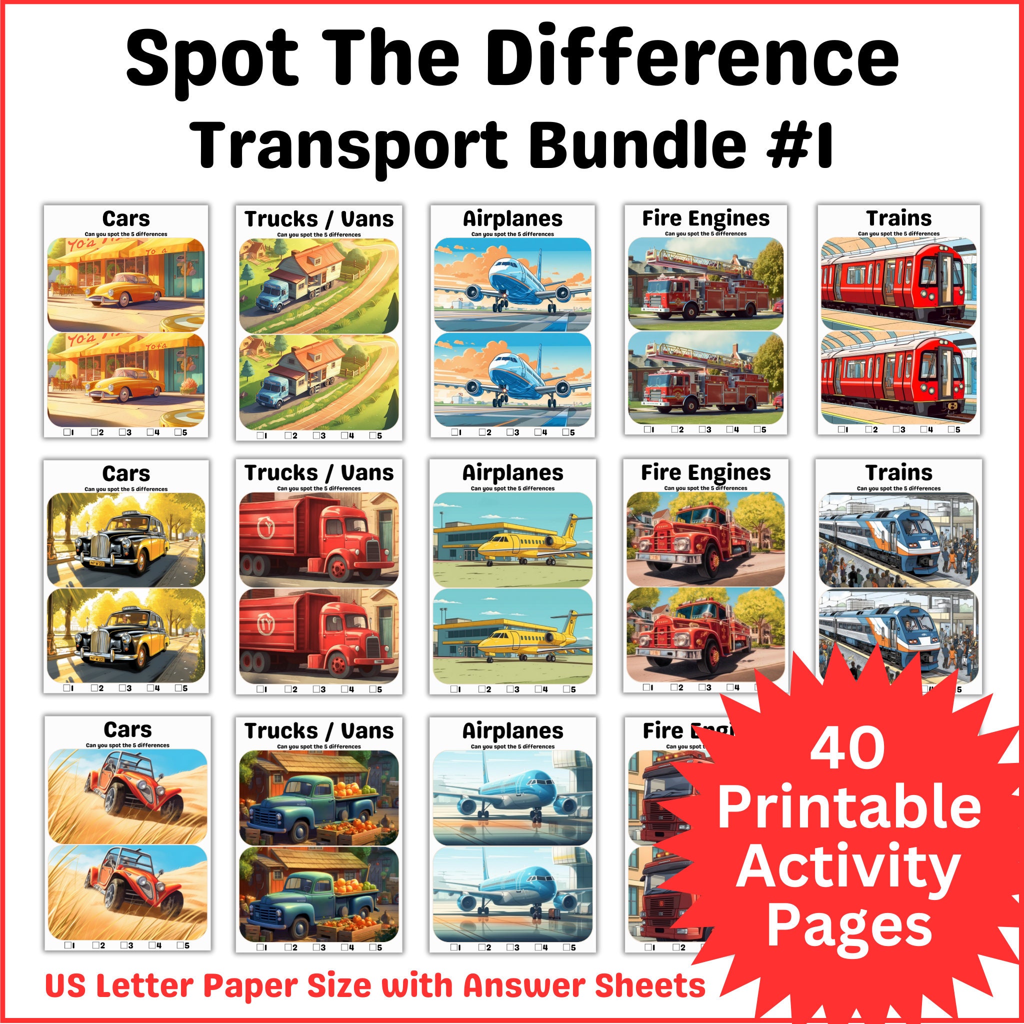Spot the Difference - Transport Collection - 5 Themed Sets, Cars Trucks ...