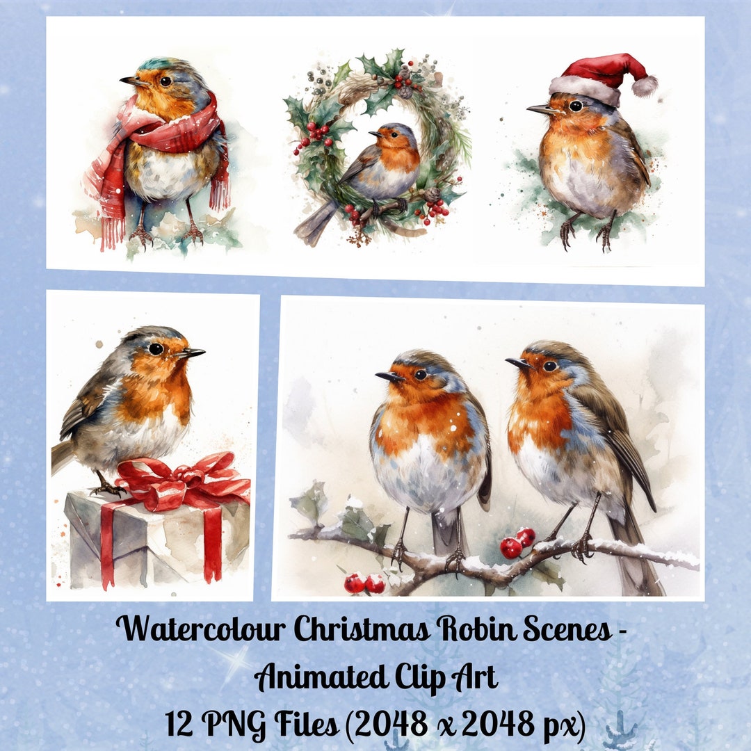 12 Watercolour Christmas Robin Clipart Animated Characters - Etsy
