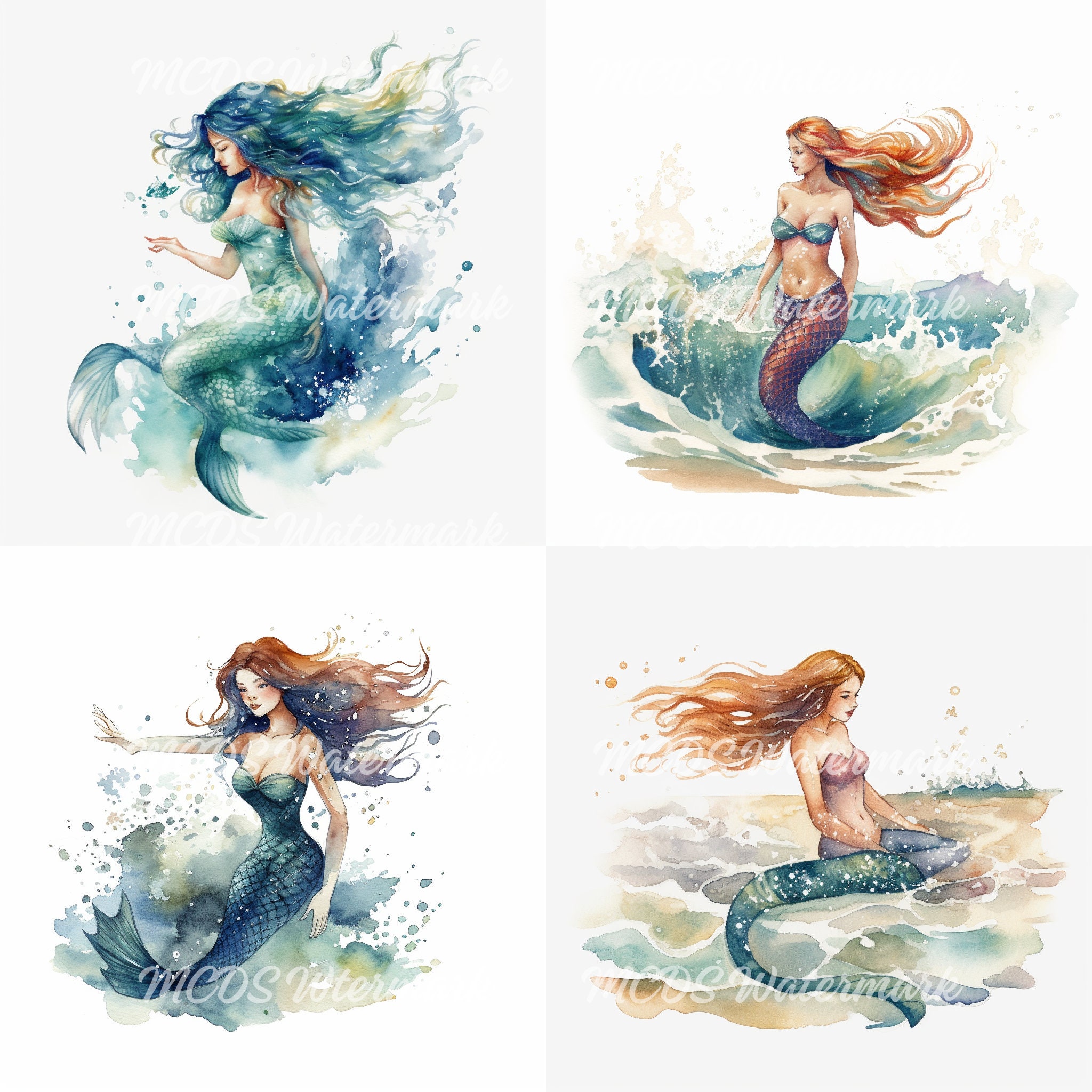 12 Watercolour Mermaids Clipart Animated Characters, Mystical ...