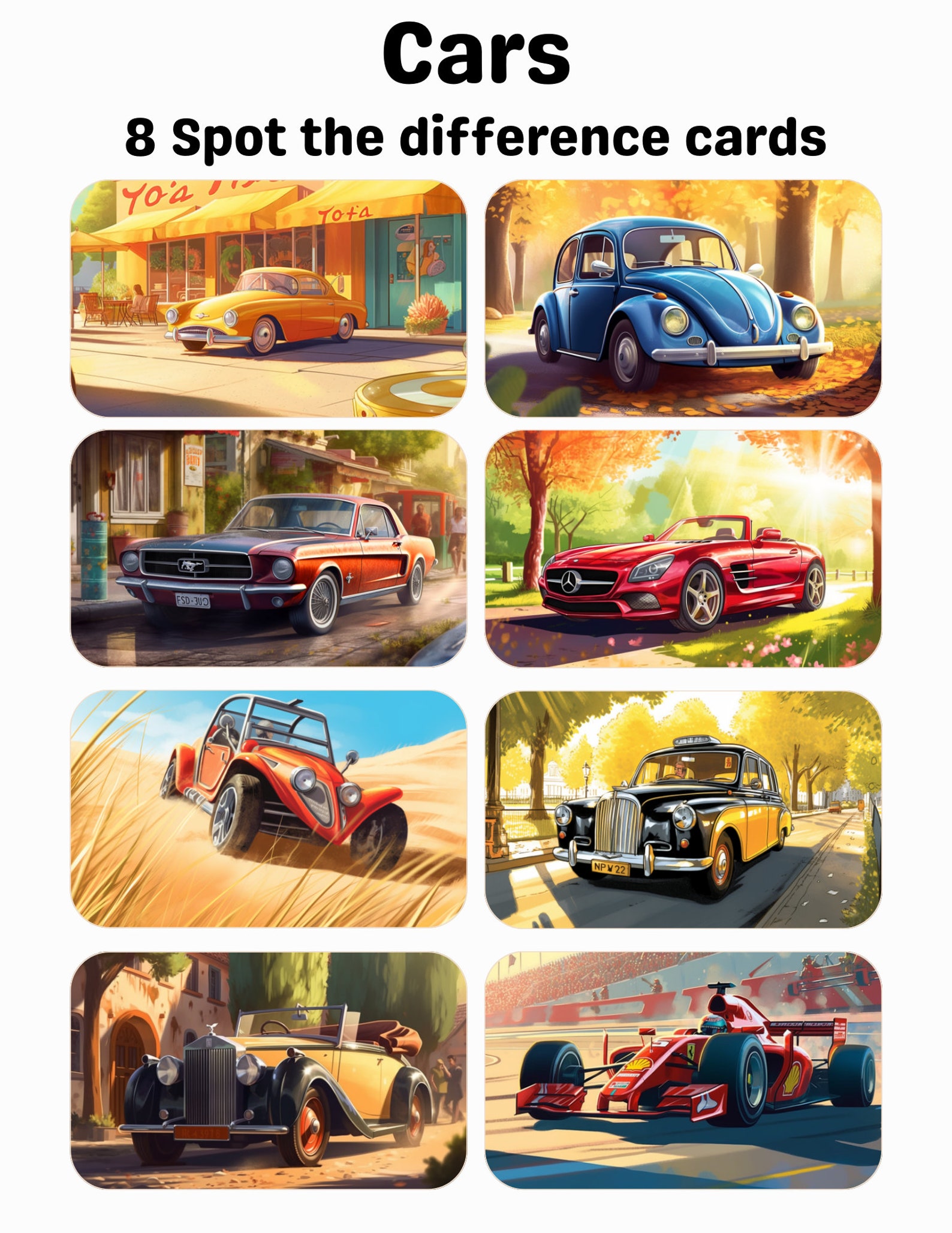 Spot the Difference - Set of 8 Cars Themed With Answer Sheet - Digital ...