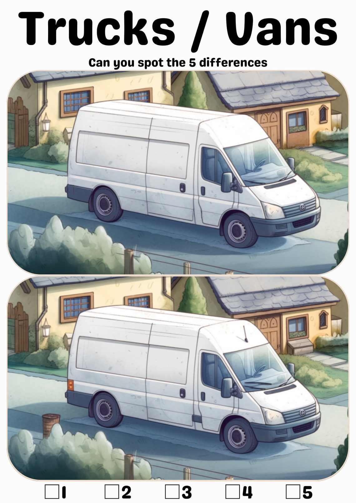 Spot the Difference - Set of 8 Trucks & Vans Themed With Answer Sheet ...