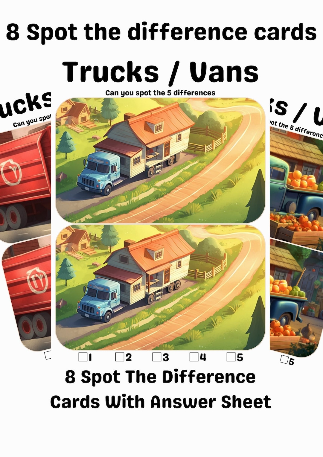 Spot the Difference Set of 8 Trucks & Vans Themed With Answer Sheet ...