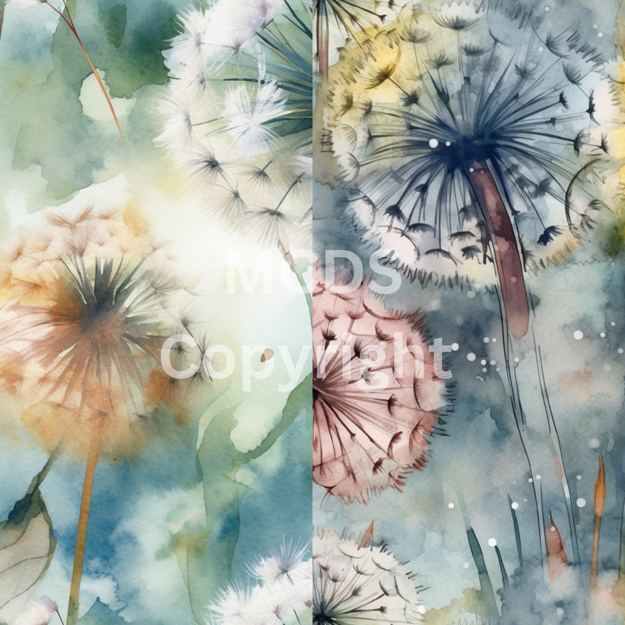12 Watercolour Dandelion Seamless Digital Tile Dandelion Scene ...
