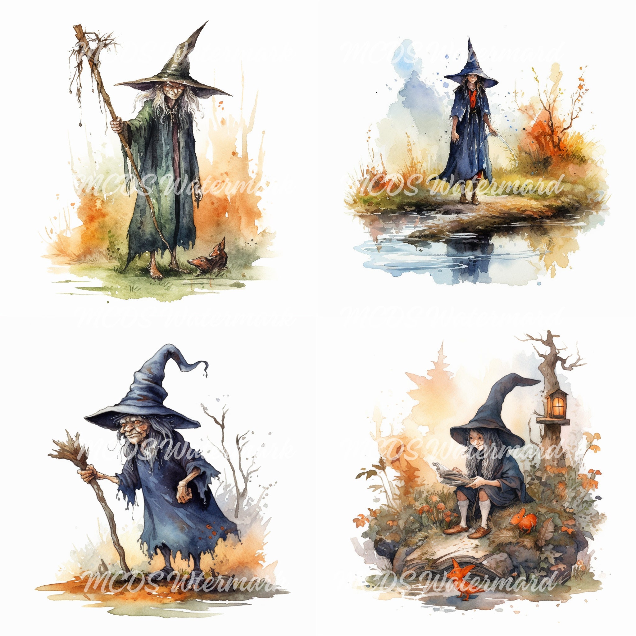 12 Watercolour Witch Clipart Animated Characters, Fantasy Watercolor ...