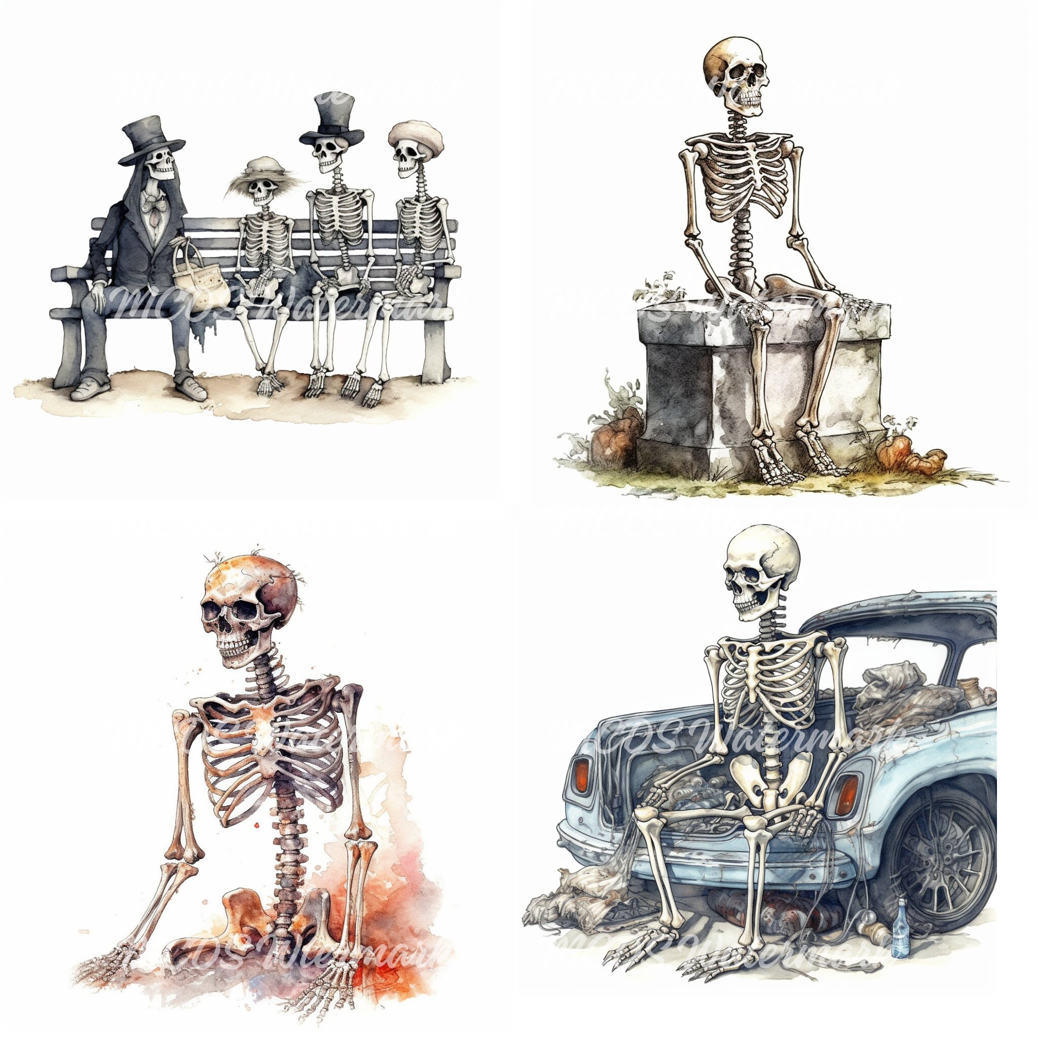 12 Watercolour Skelton Clipart Animated Characters, Mystic Watercolor ...