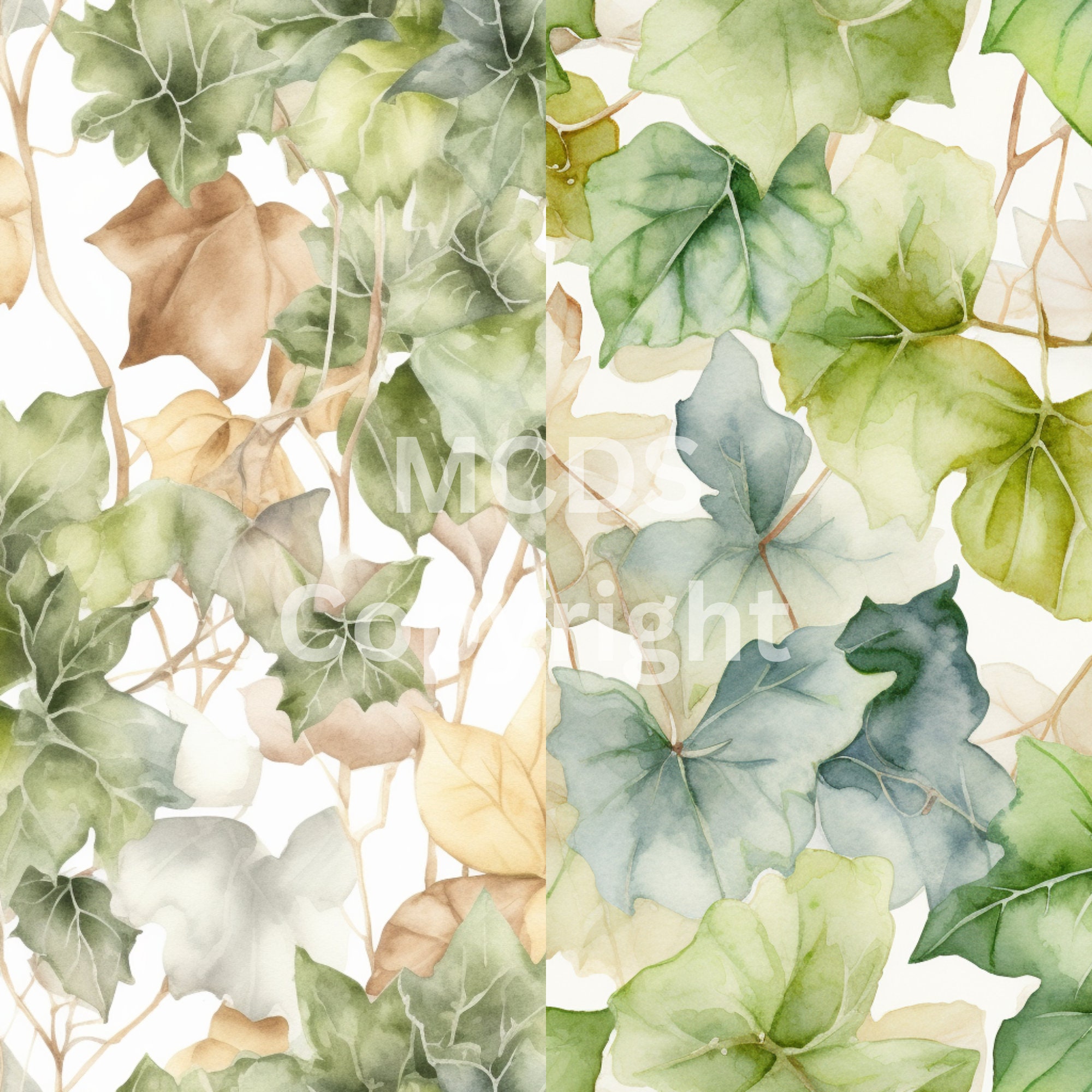 12 Watercolour Ivy Leaves Seamless Digital Tile Pattern Ivy Leaves ...