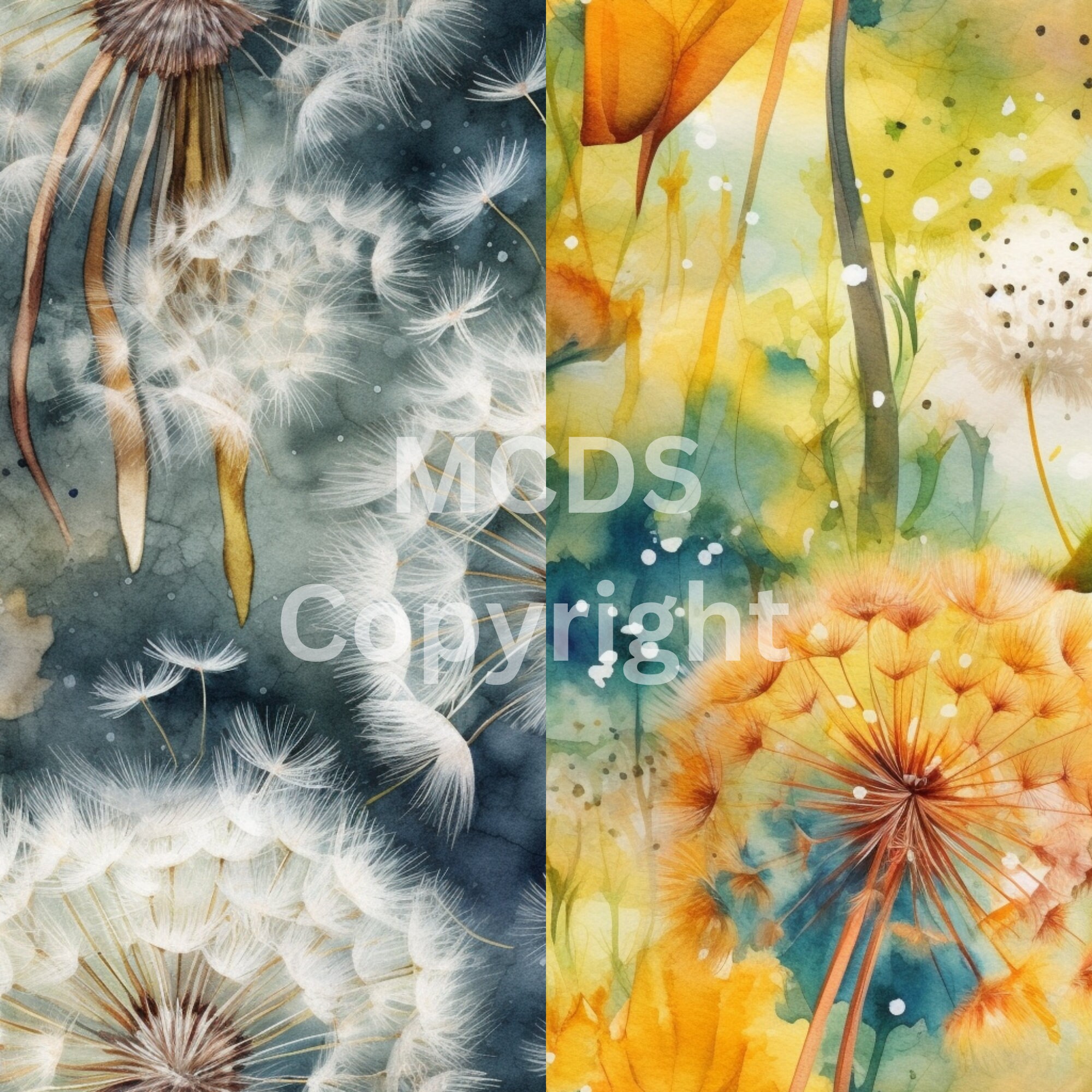 12 Watercolour Dandelion Seamless Digital Tile Dandelion Scene ...