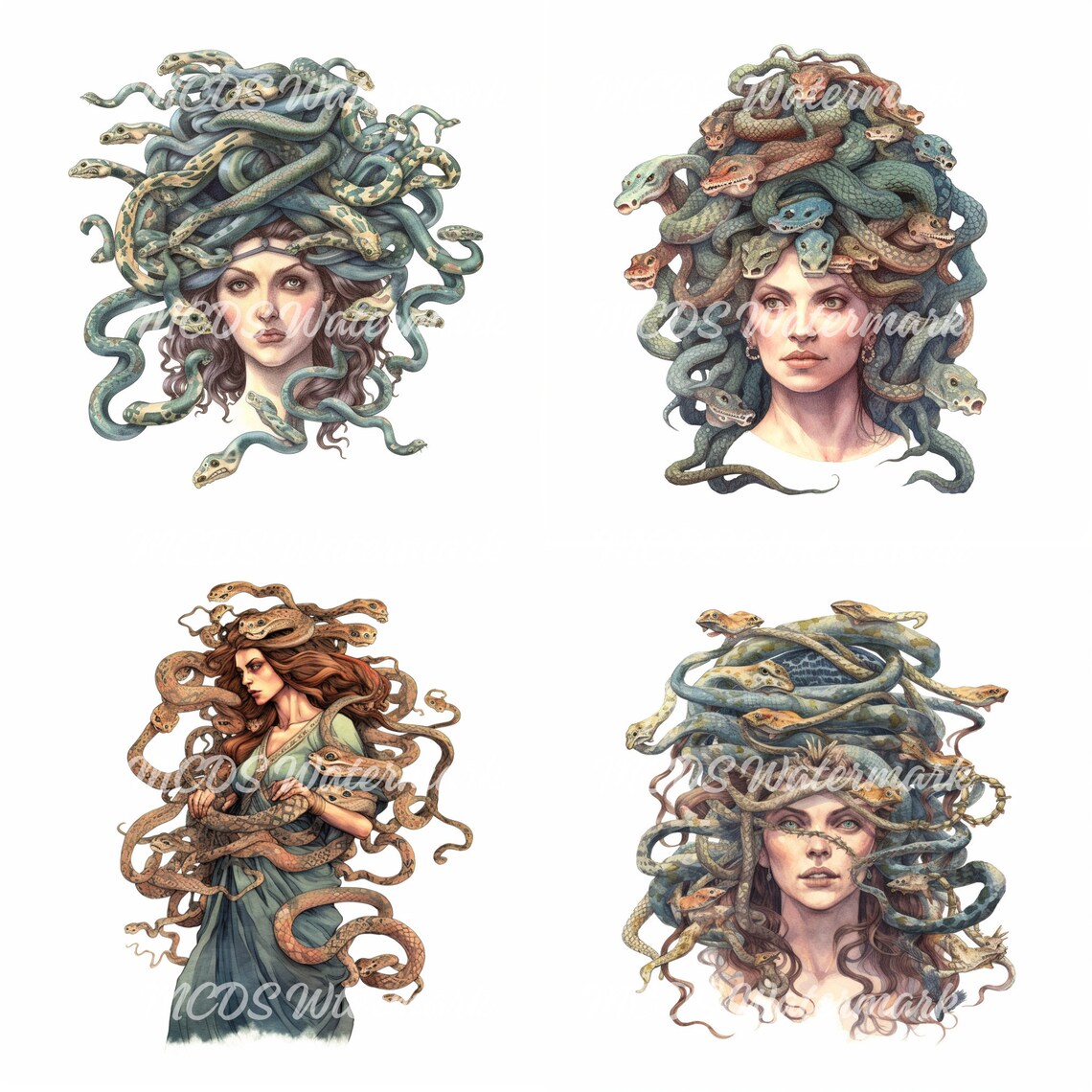 12 Watercolour Medusa Clipart Animated Characters, Mystic Watercolor ...