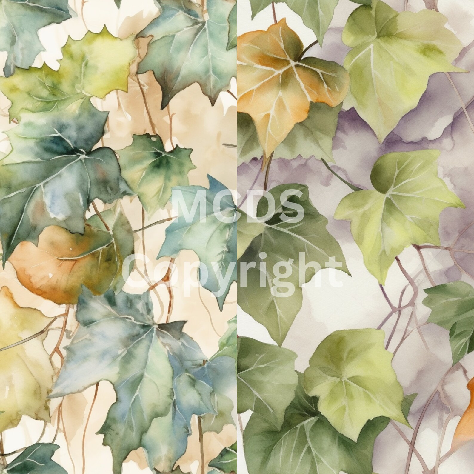 12 Watercolour Ivy Leaves Seamless Digital Tile Pattern Ivy Leaves ...