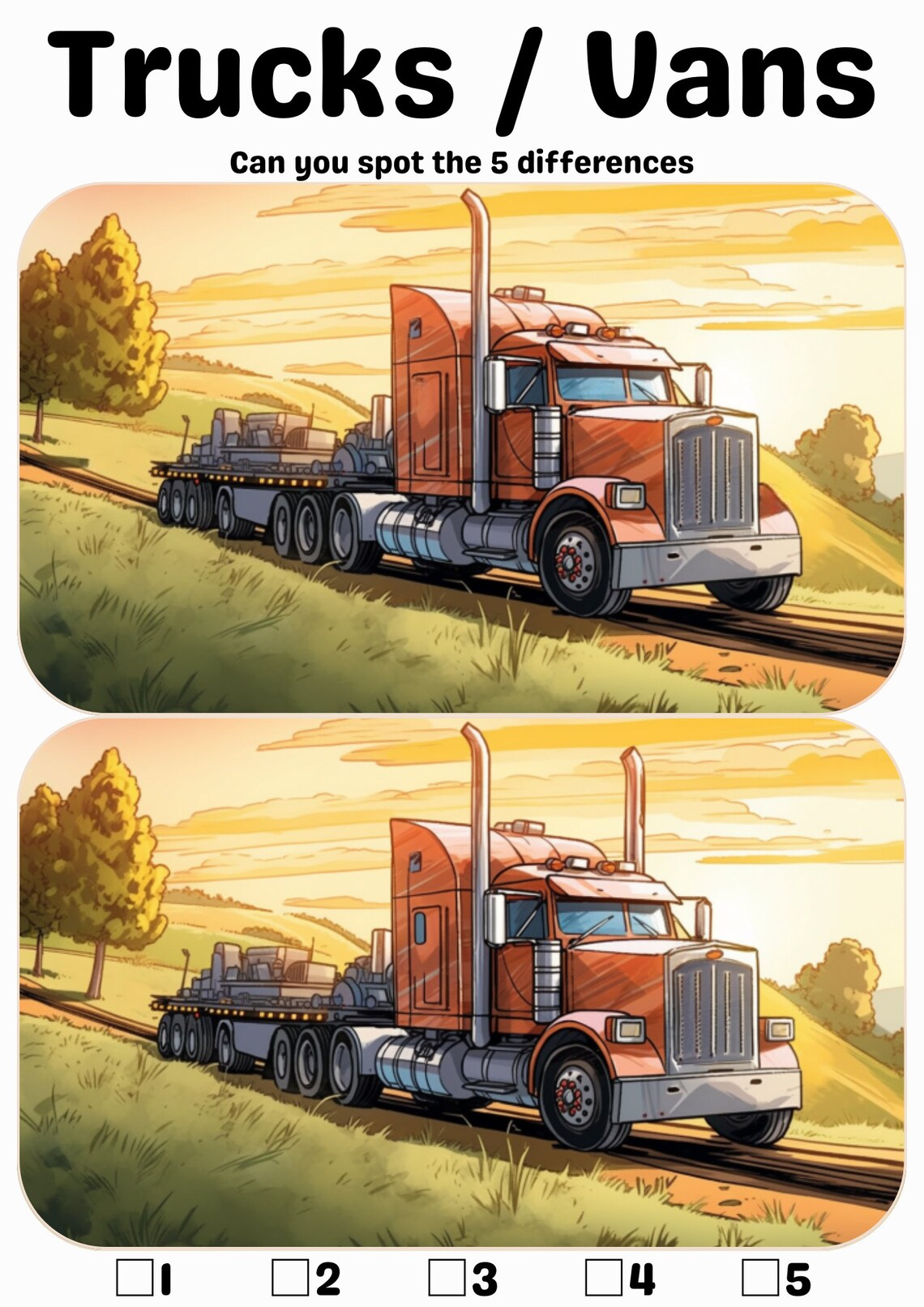 Spot the Difference - Set of 8 Trucks & Vans Themed With Answer Sheet ...