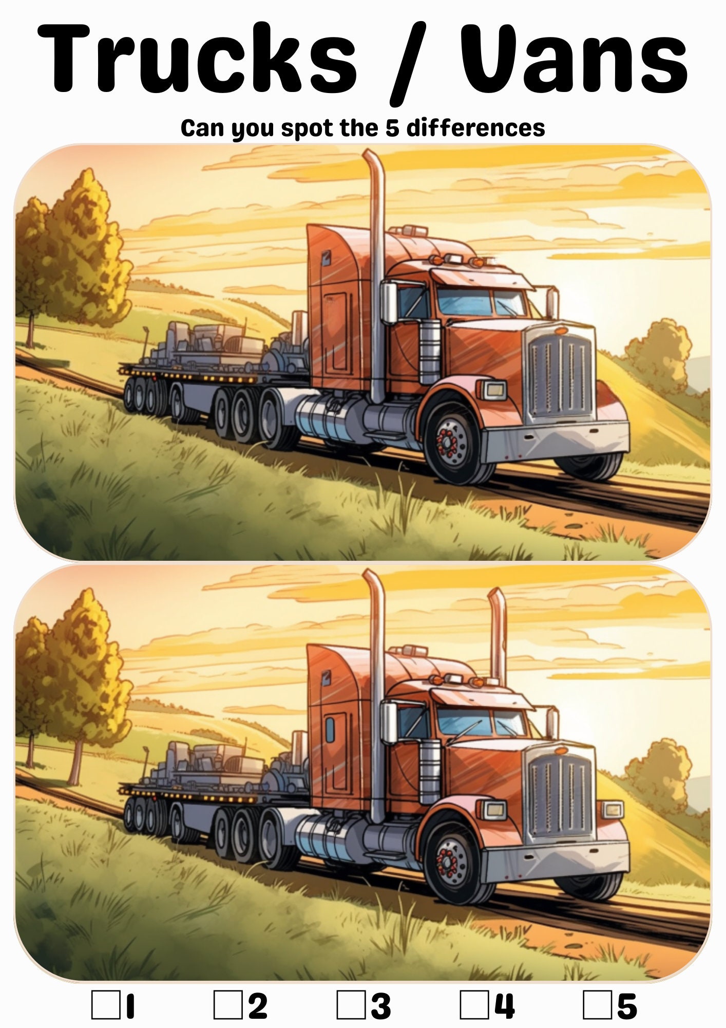 Spot the Difference - Set of 8 Trucks & Vans Themed With Answer Sheet ...