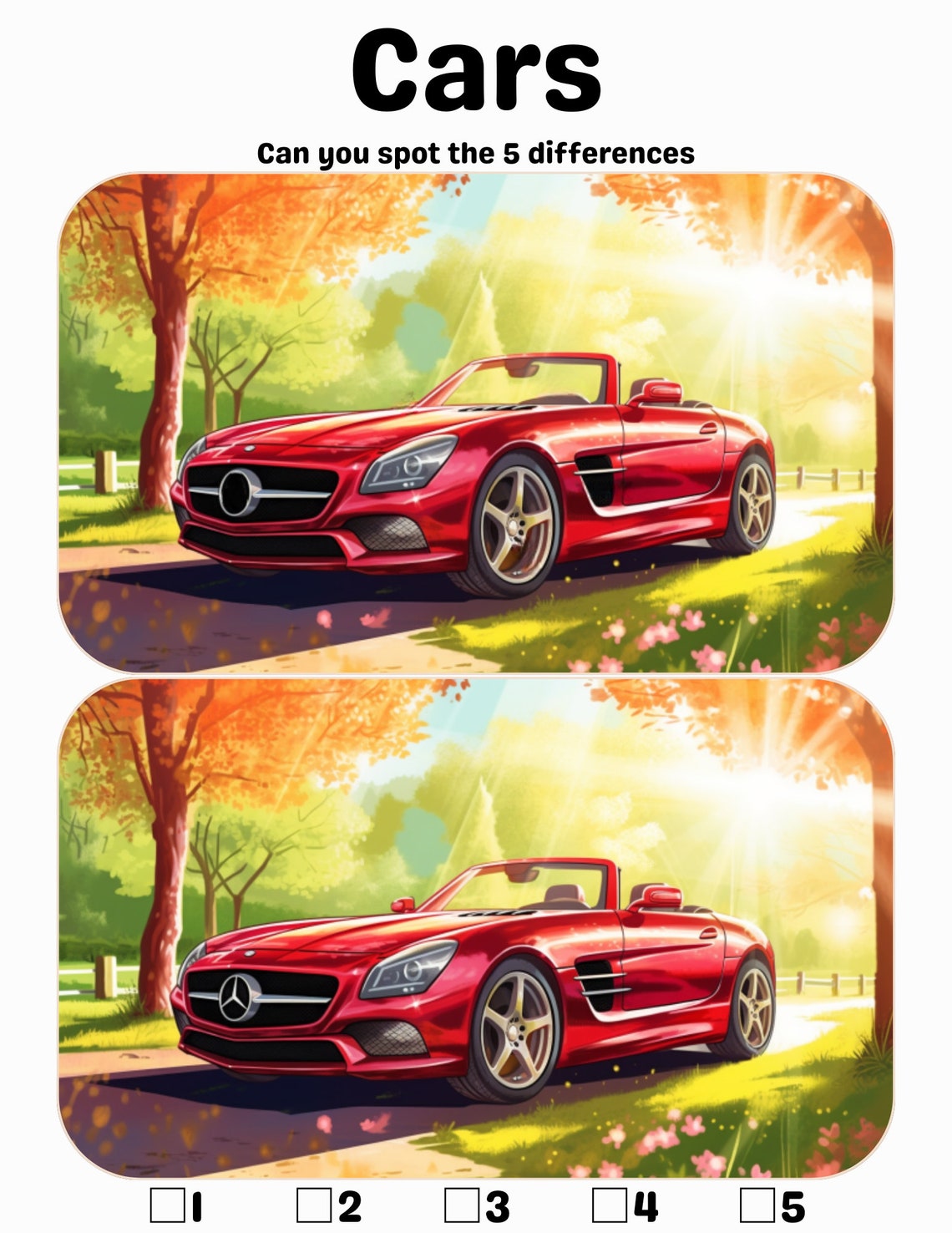 Spot the Difference - Set of 8 Cars Themed With Answer Sheet - Digital ...