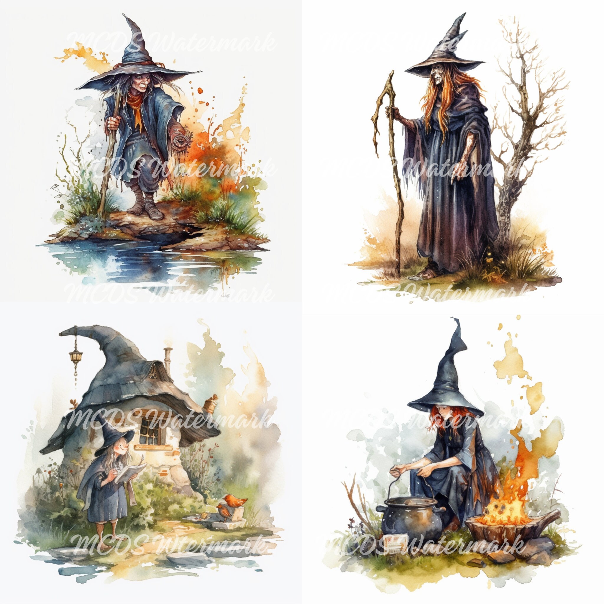 12 Watercolour Witch Clipart Animated Characters, Fantasy Watercolor ...