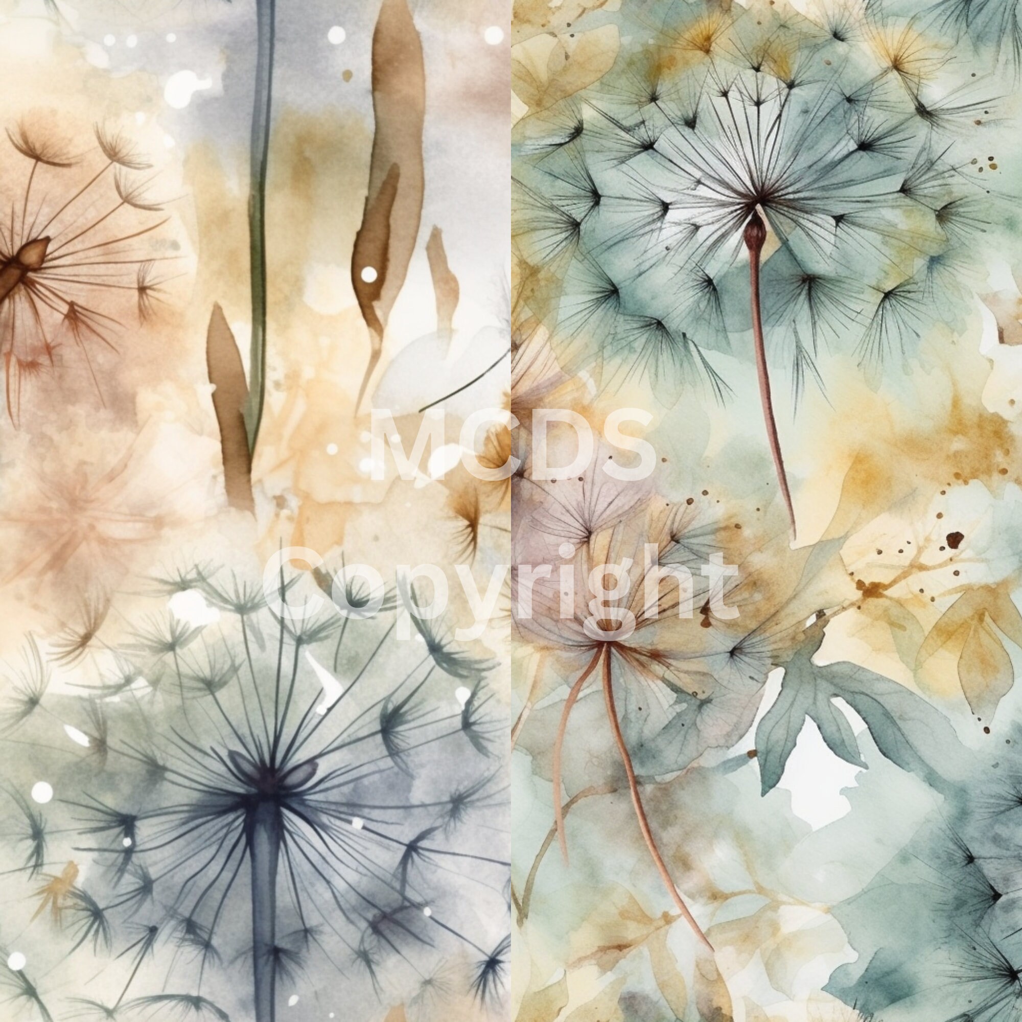 12 Watercolour Dandelion Seamless Digital Tile Dandelion Scene ...