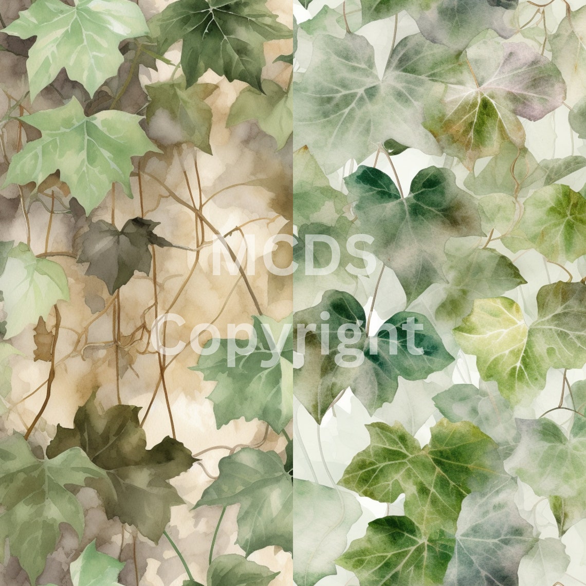 12 Watercolour Ivy Leaves Seamless Digital Tile Pattern Ivy Leaves ...