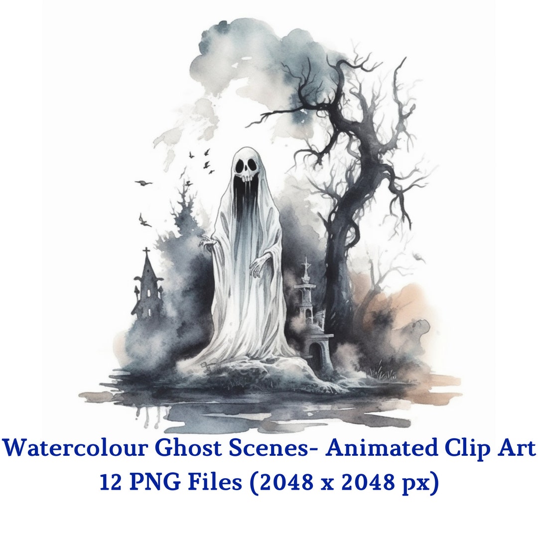 12 Watercolour Ghost Clipart Animated Characters, Mystic Watercolor ...