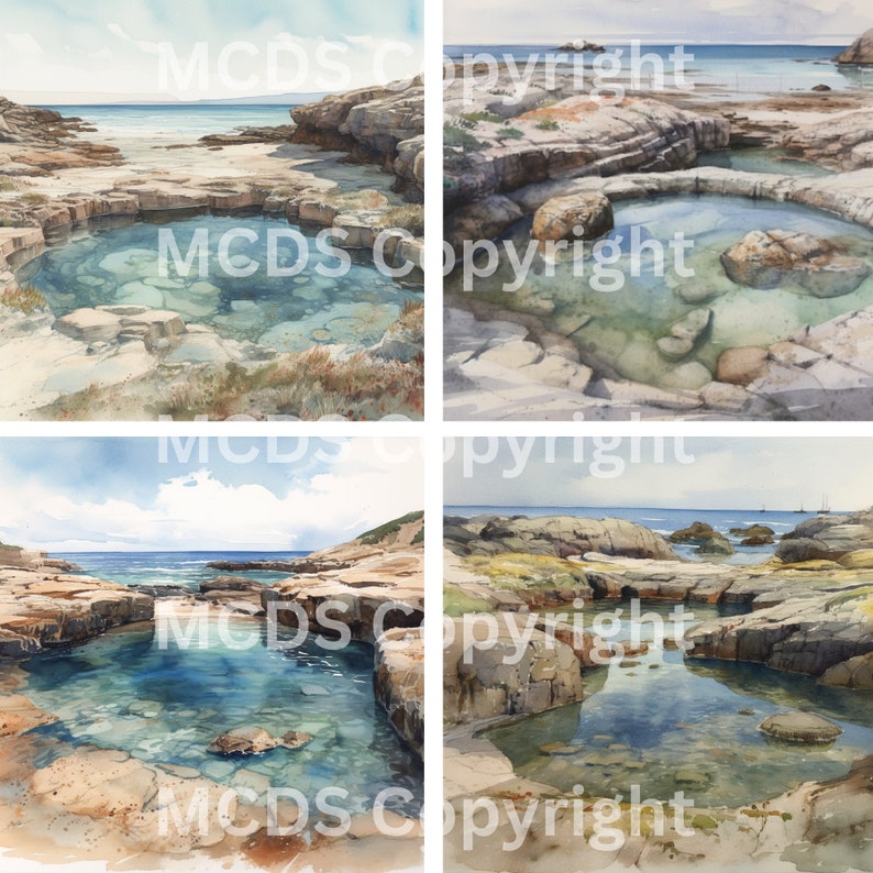 12 Watercolour Beach Rockpool Digital Pattern Beach Rock Pool ...