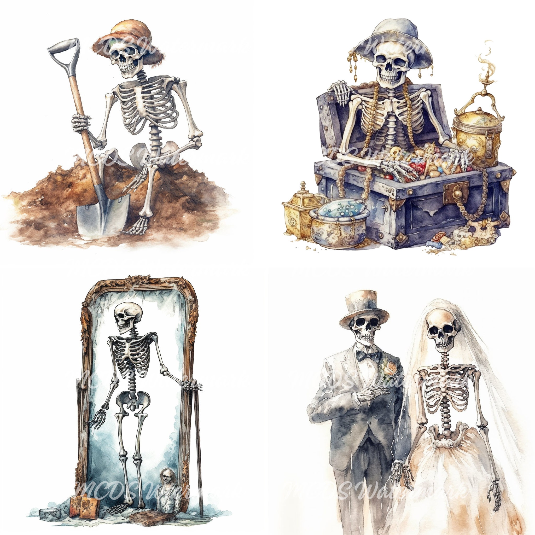 12 Watercolour Skelton Clipart Animated Characters, Mystic Watercolor ...