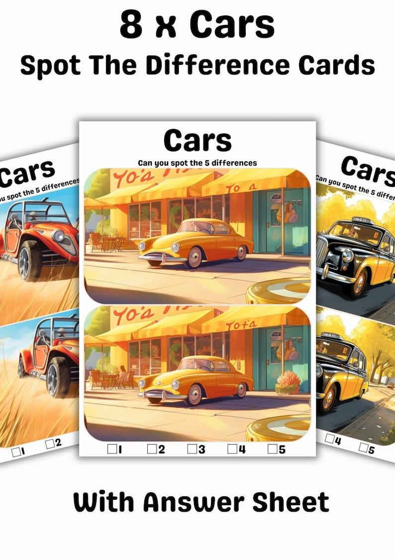 Spot the Difference - Set of 8 Cars Themed With Answer Sheet - Digital ...