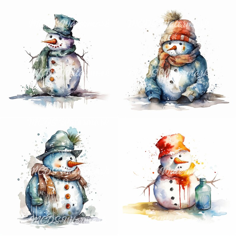 12 Watercolour Christmas Snowmen Clipart Animated Characters, Mystic ...