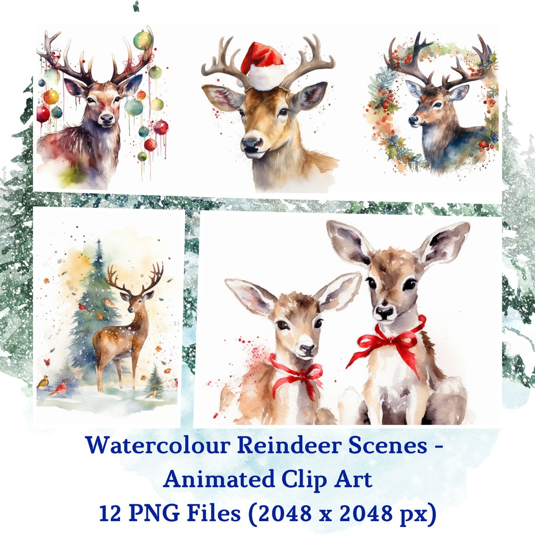 12 Watercolour Christmas Reindeer Clipart Animated Characters, Mystic ...