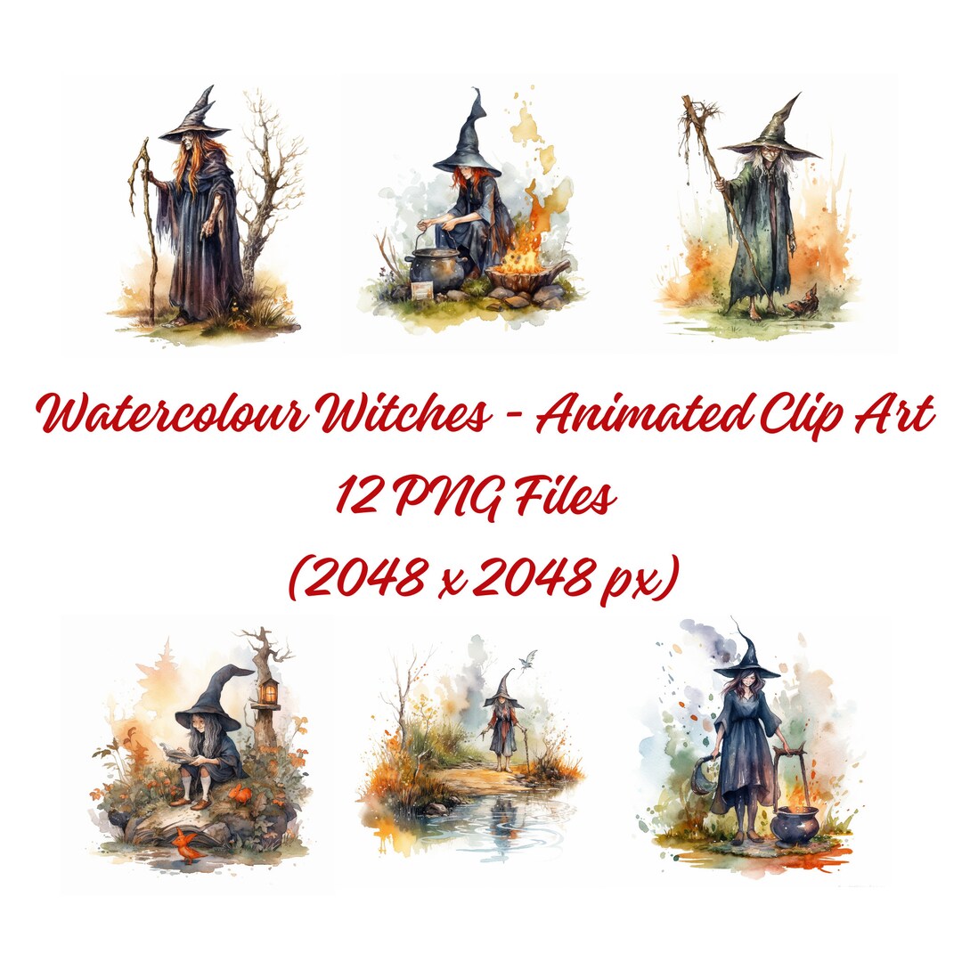 12 Watercolour Witch Clipart Animated Characters, Fantasy Watercolor ...