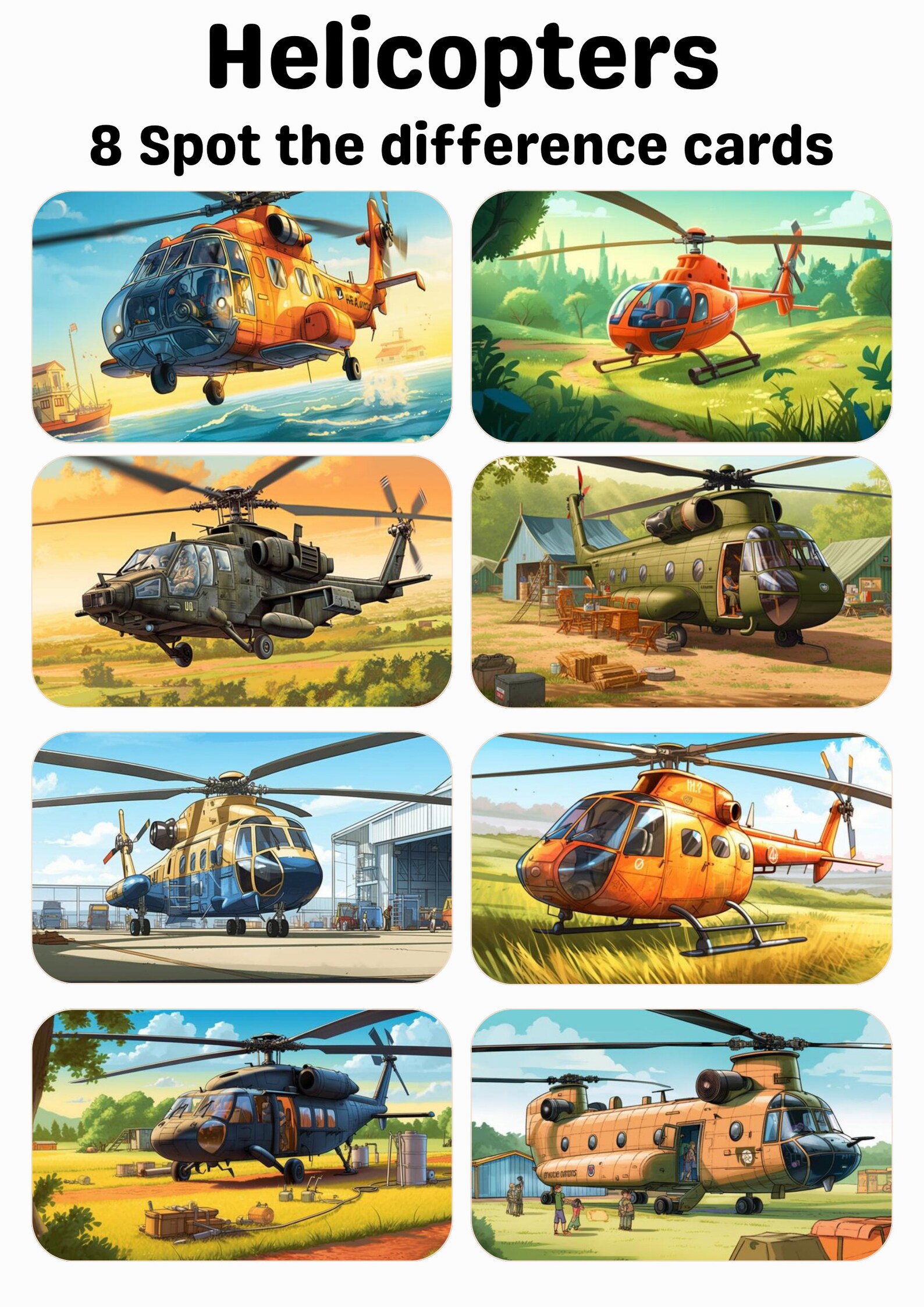 Spot the Difference - Set of 8 Helicopters Themed With Answer Sheet ...