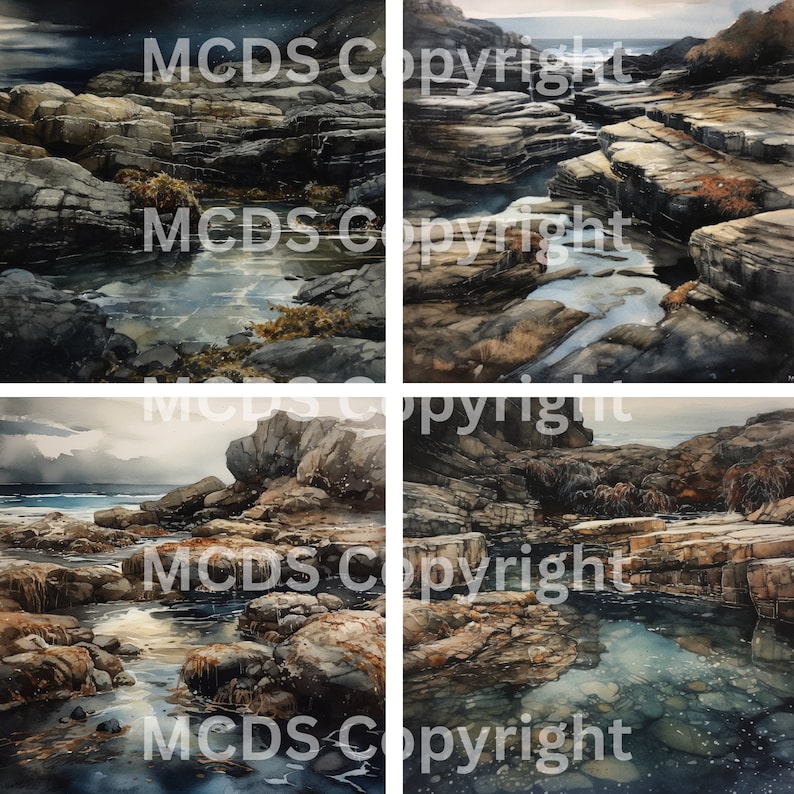 12 Watercolour Beach Rockpool Digital Pattern Beach Rock Pool ...