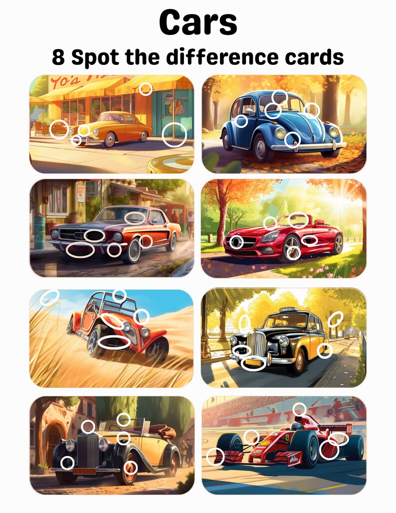 Spot the Difference - Set of 8 Cars Themed With Answer Sheet - Digital ...