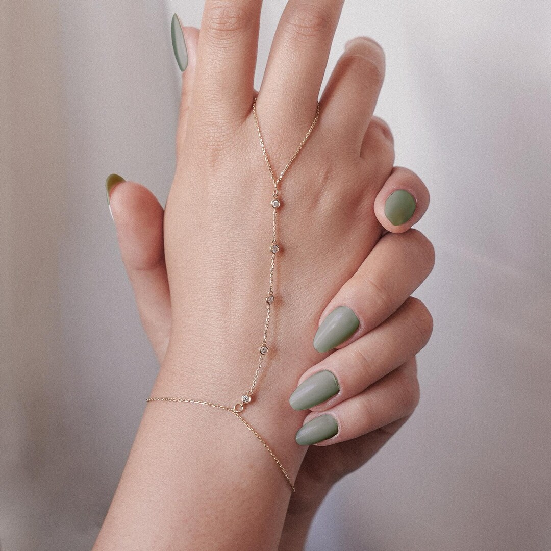 14K Solid Gold Slave Bracelet, Gold Hand Chain Bracelet, Diamond Slave Bracelet , Dainty Hand ...