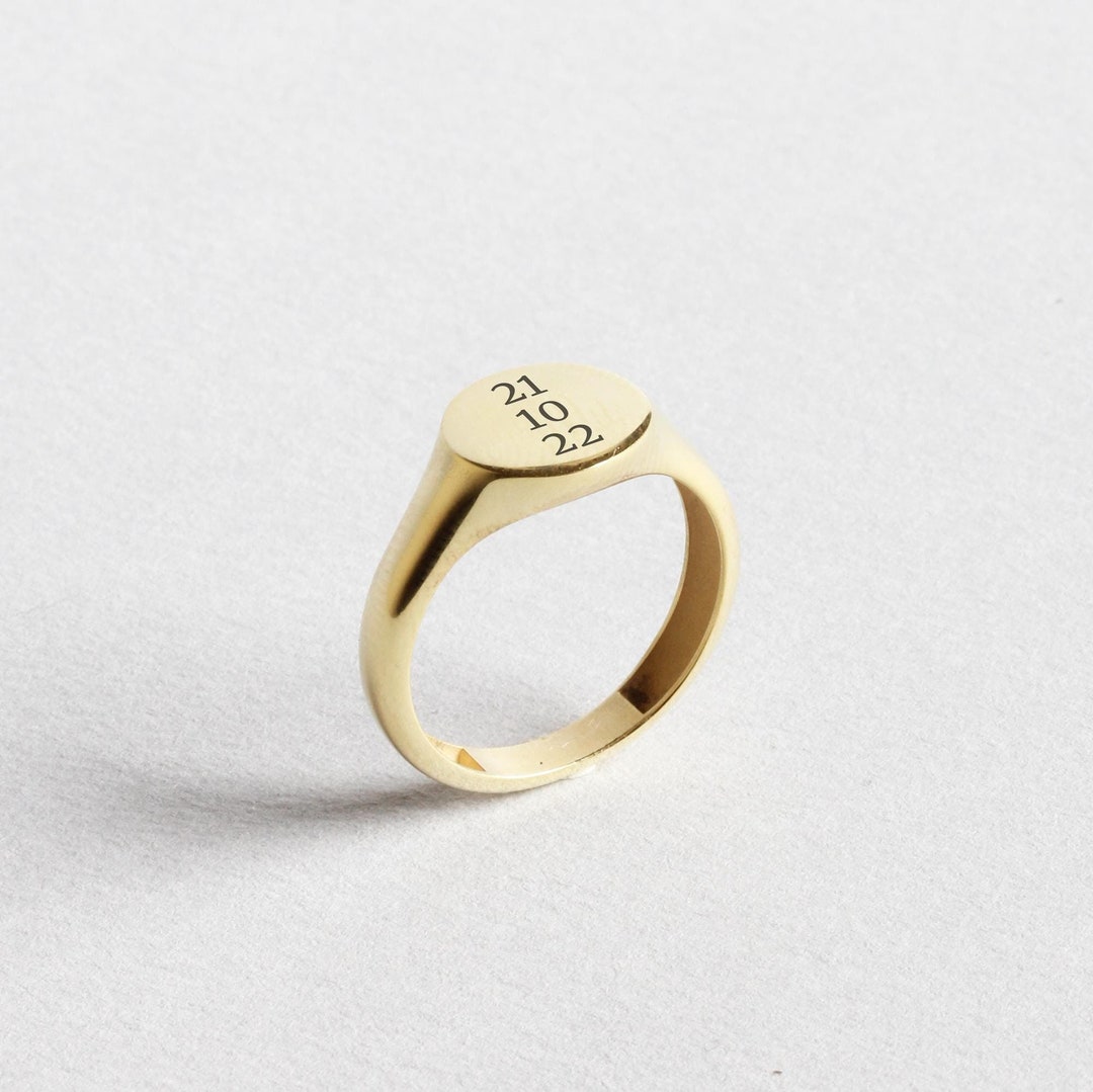 14K 18K Solid Gold Signet Ring, Custom Round Signet Ring, Initial ...