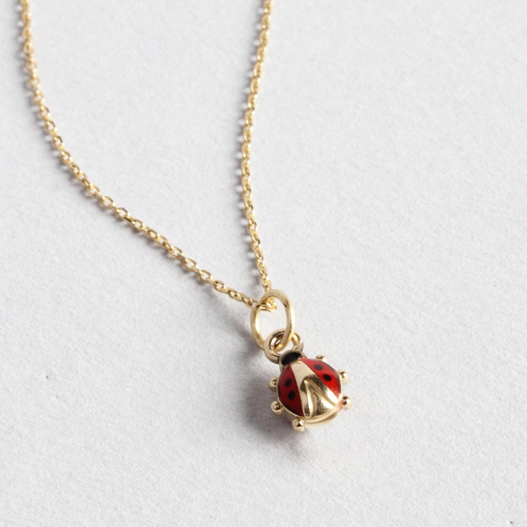14K Solid Gold Ladybug Necklace, Gold Ladybug Pendant, Enamel Ladybug ...