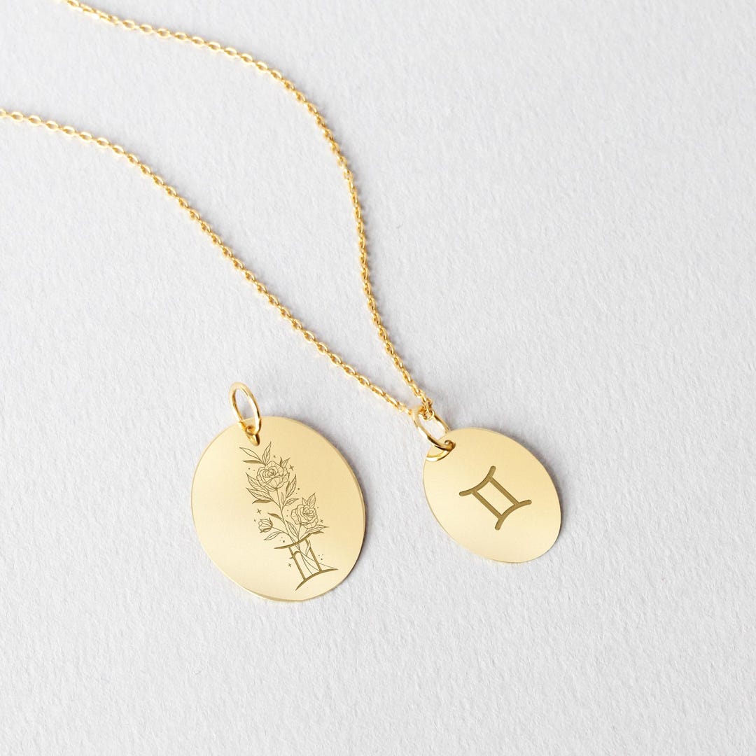 Zodiac and Birth Flower Oval Gold Disc, 14K Solid Gold Oval Disc ...