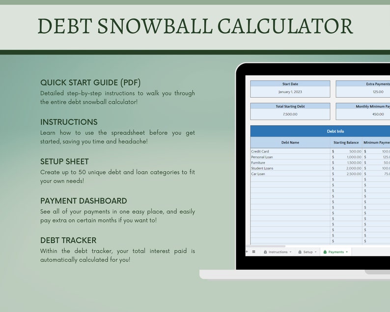 Debt Snowball Calculator Google Sheets, Debt Free Planner, Loan Payoff ...