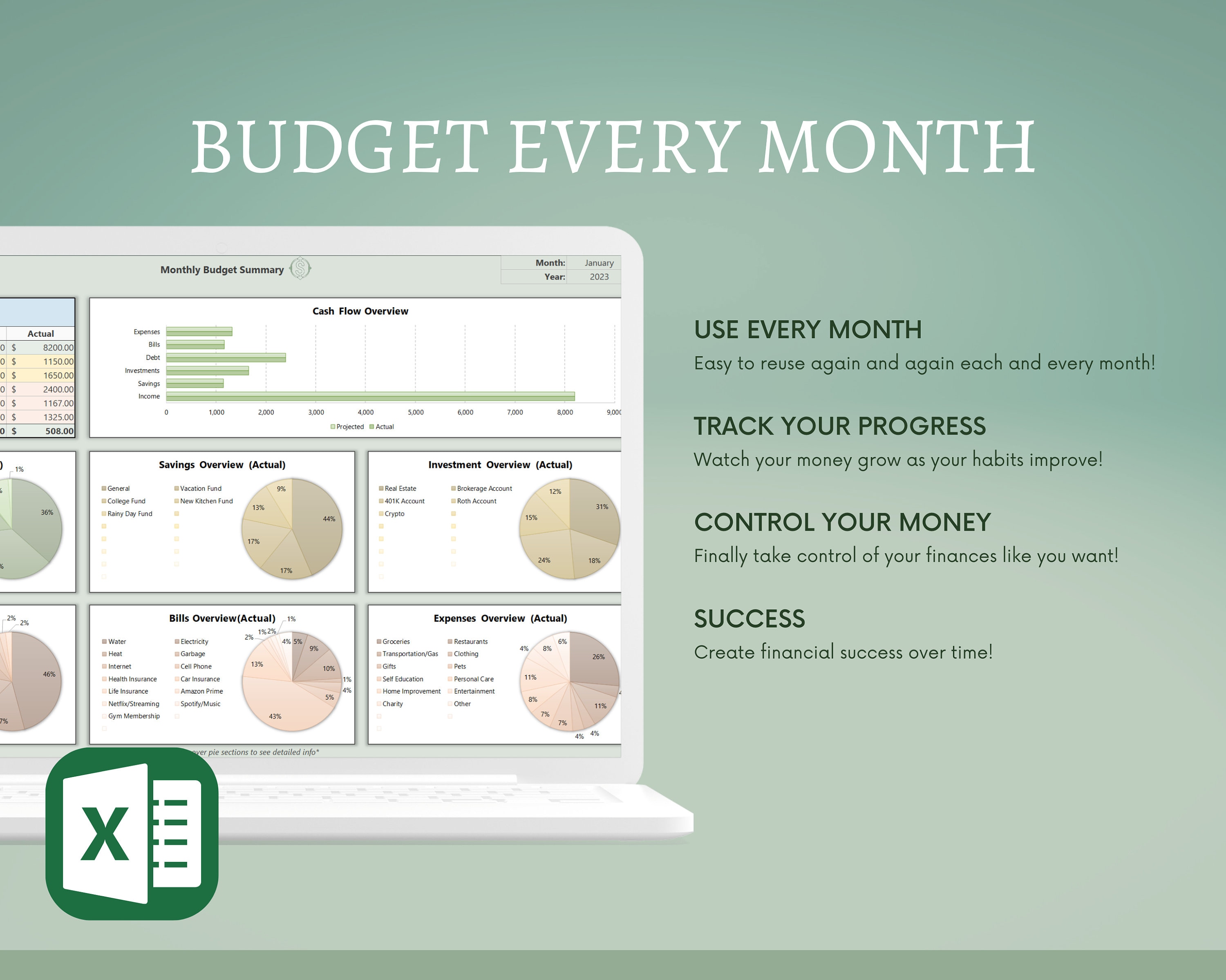 Monthly Budget Excel Financial Planner Spreadsheet Template Budget ...
