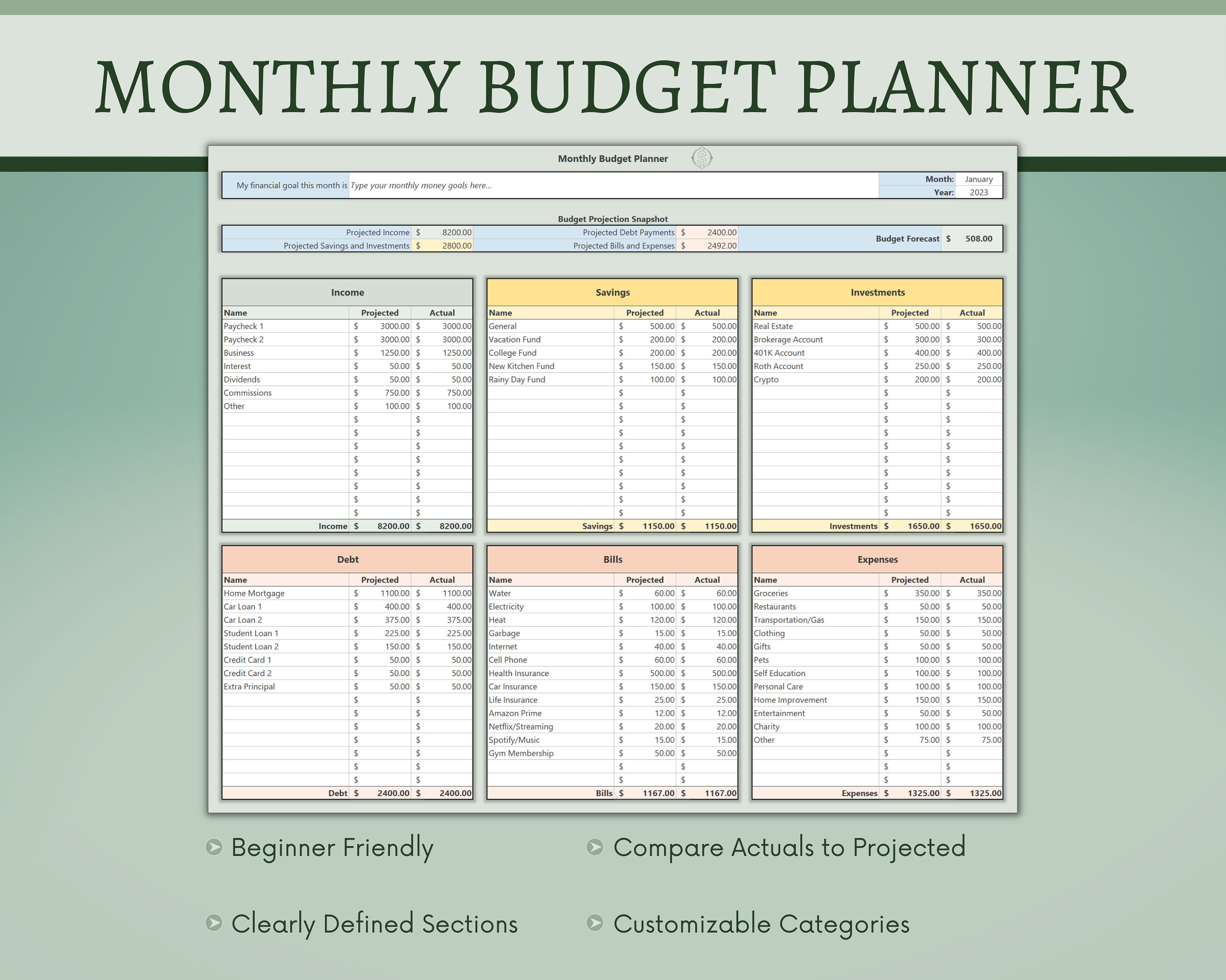 Monthly Budget Excel Financial Planner Spreadsheet Template Budget ...