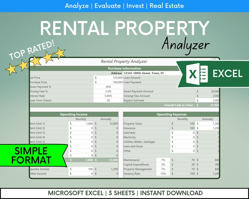 Rental Property Spreadsheet Excel, Real Estate Spreadsheet, Rental Property Analyzer ...