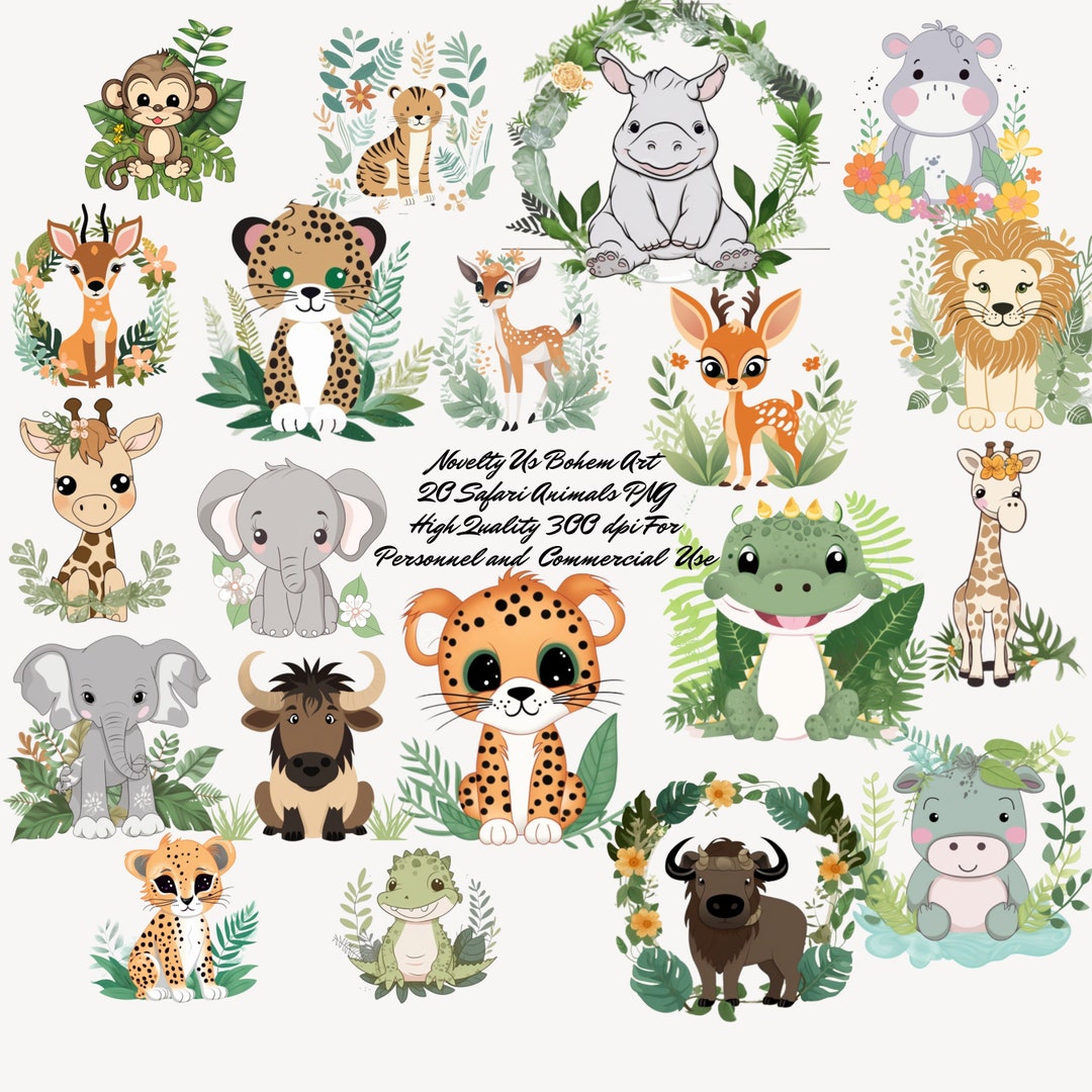 20 Cute Safari Animals Clipart Watercolor, Cute Jungle Animals, Tiger ...