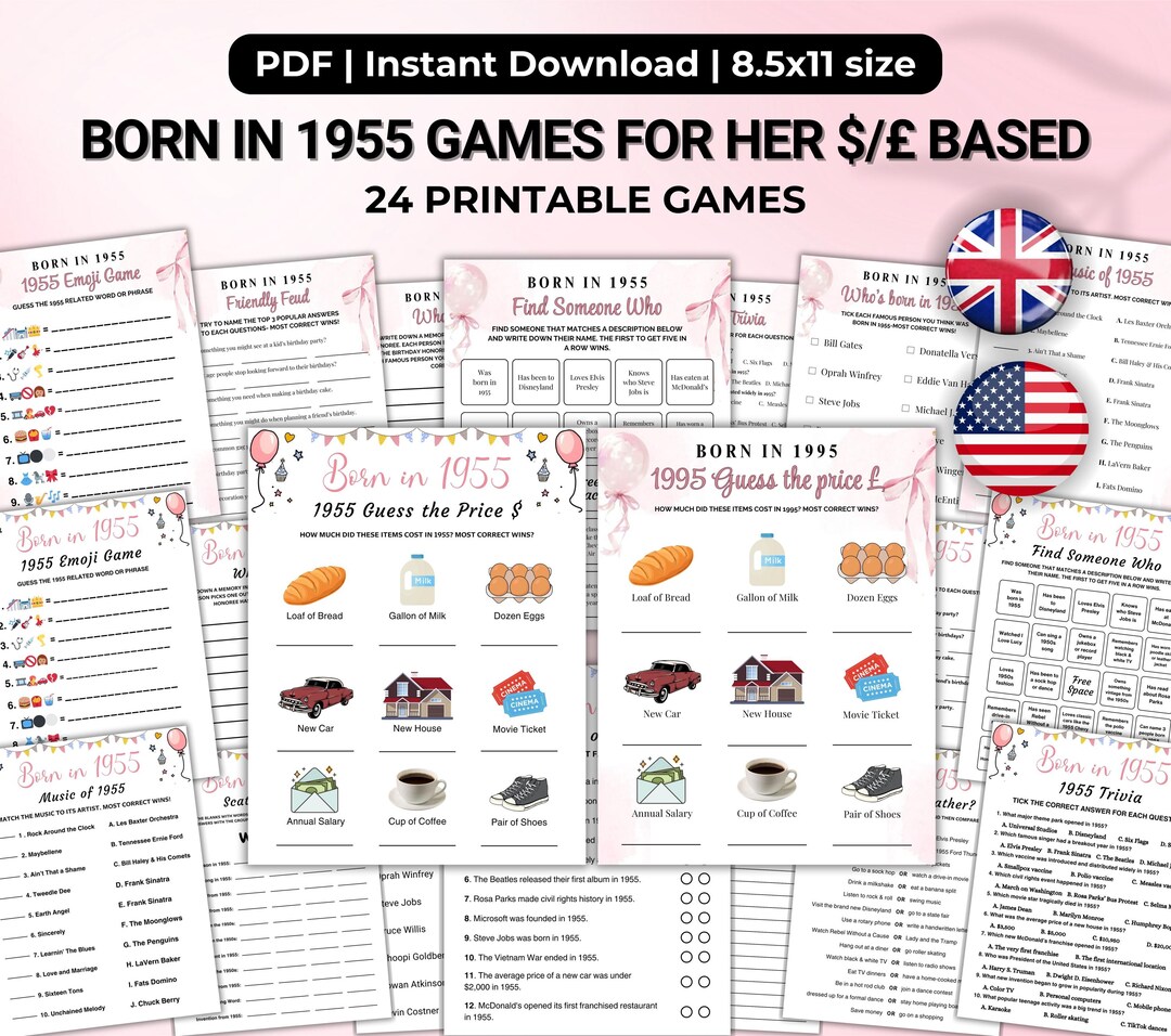 1955 Birthday Party Games Bundle Printable, Born in 1955 Games for Her ...
