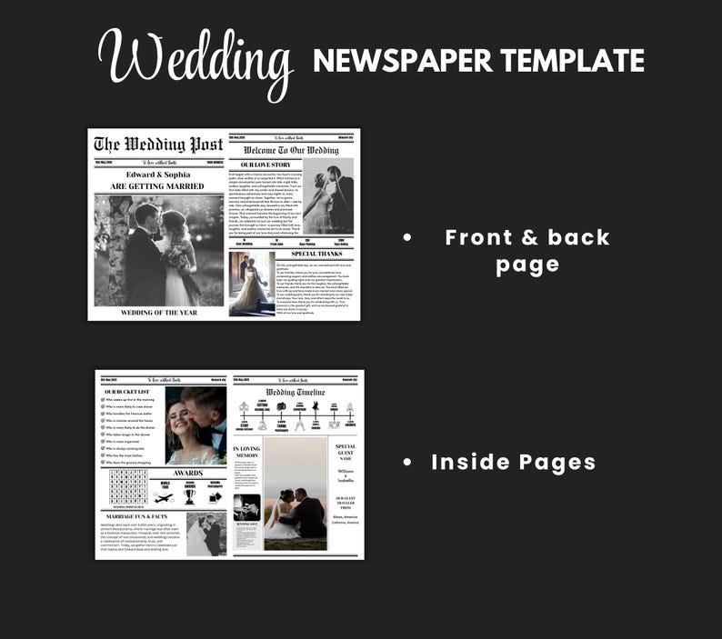 Editable Wedding Day Newspaper, Large Newspaper Wedding Program, Canva ...