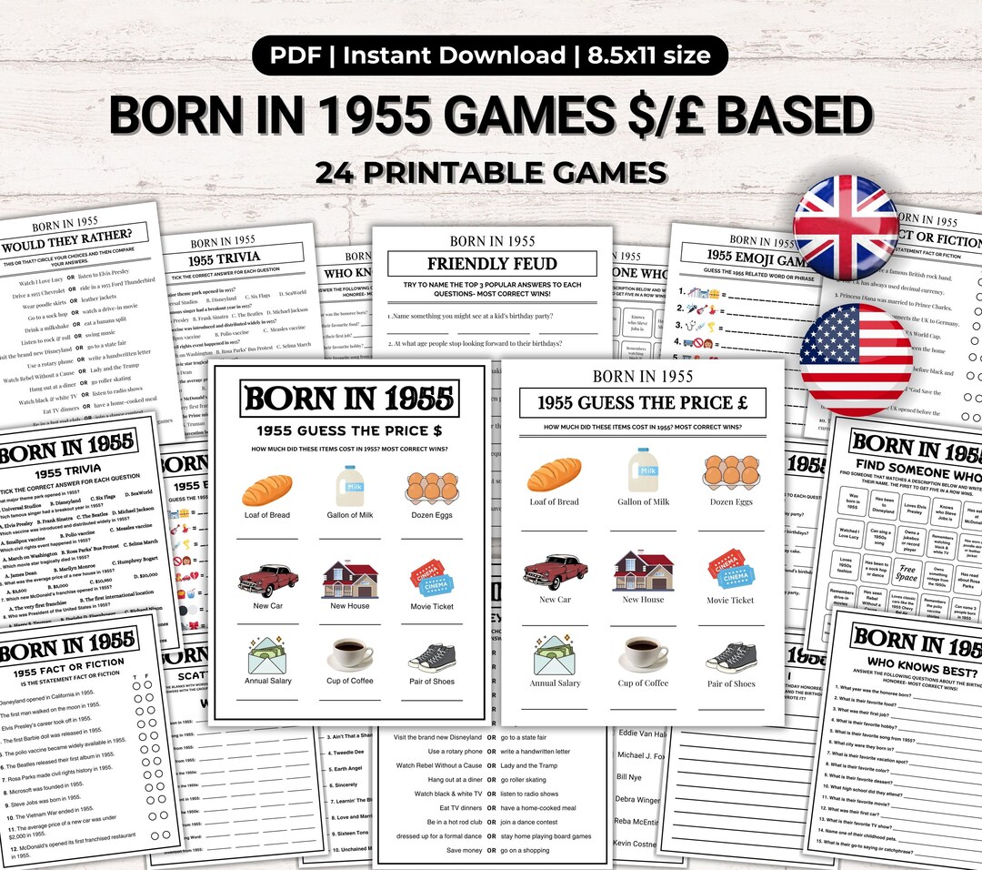 1955 Birthday Party Games Bundle Printable, Born in 1955 Birthday Games ...