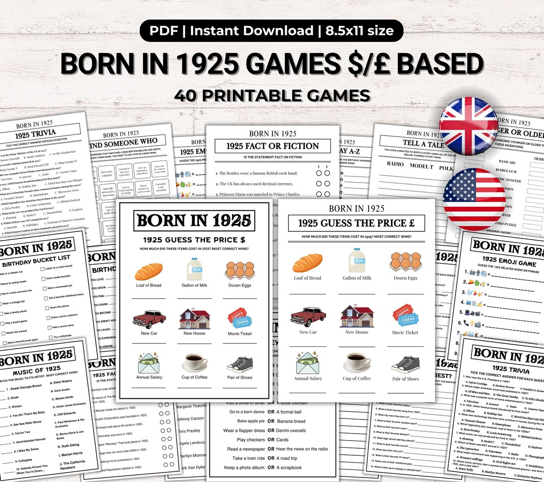 1925 Birthday Party Games Bundle Printable, Born in 1925 Birthday Games ...