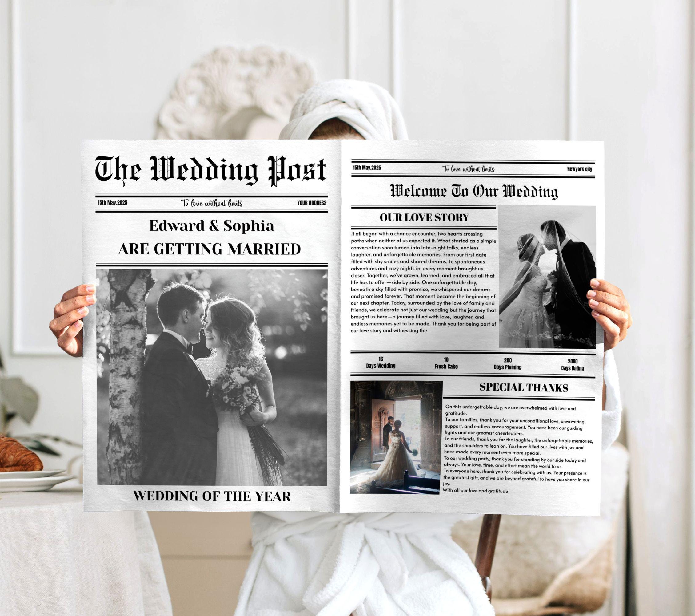 Editable Wedding Day Newspaper, Large Newspaper Wedding Program, Canva ...