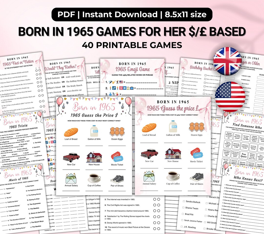 1965 Birthday Party Games Bundle, Printable Trivia (digital Download ...